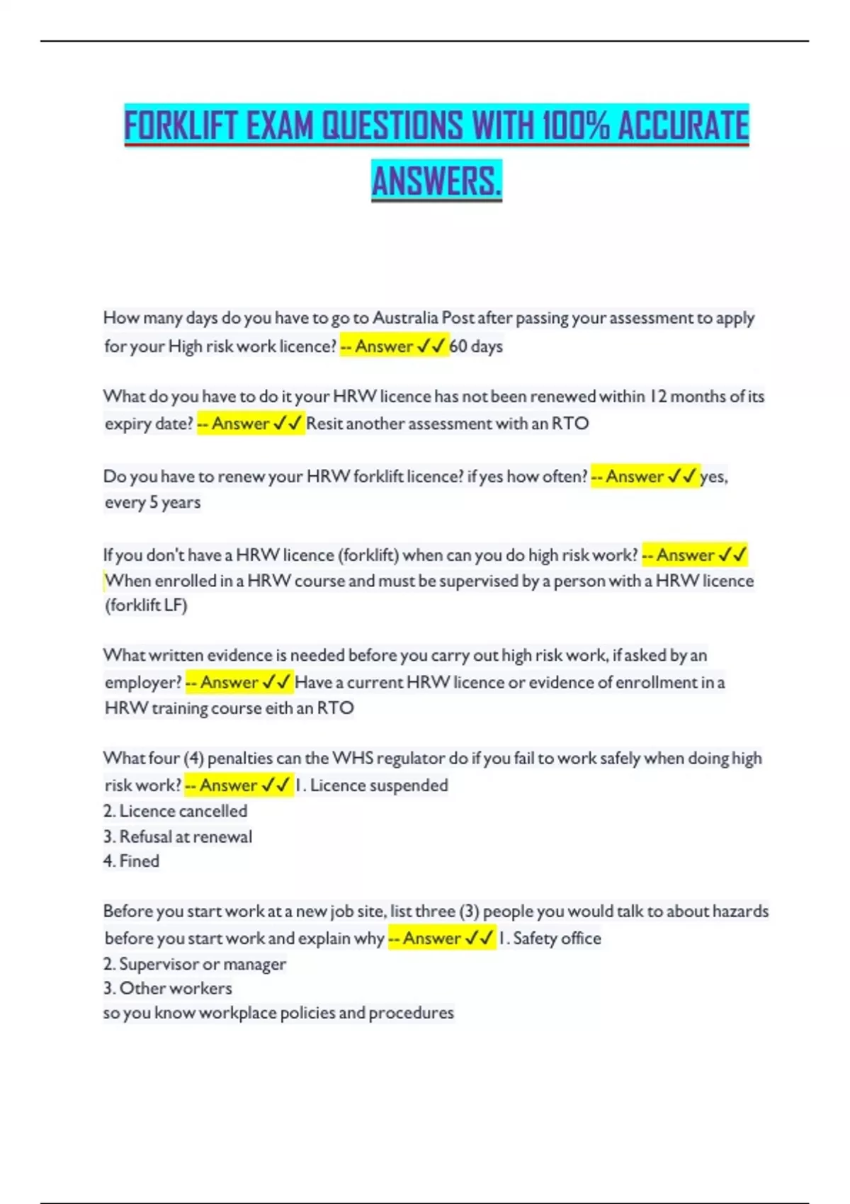 FORKLIFT EXAM QUESTIONS WITH 100% ACCURATE ANSWERS - Forklift - Stuvia US