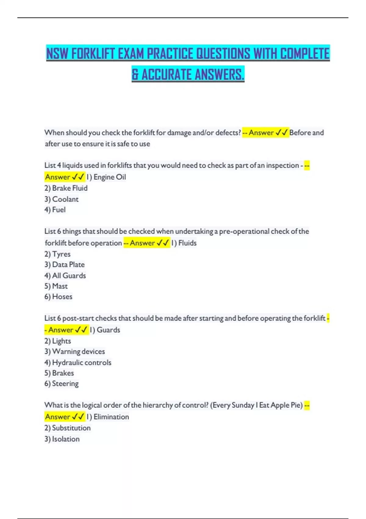 NSW FORKLIFT EXAM PRACTICE QUESTIONS WITH COMPLETE & ACCURATE ANSWERS ...