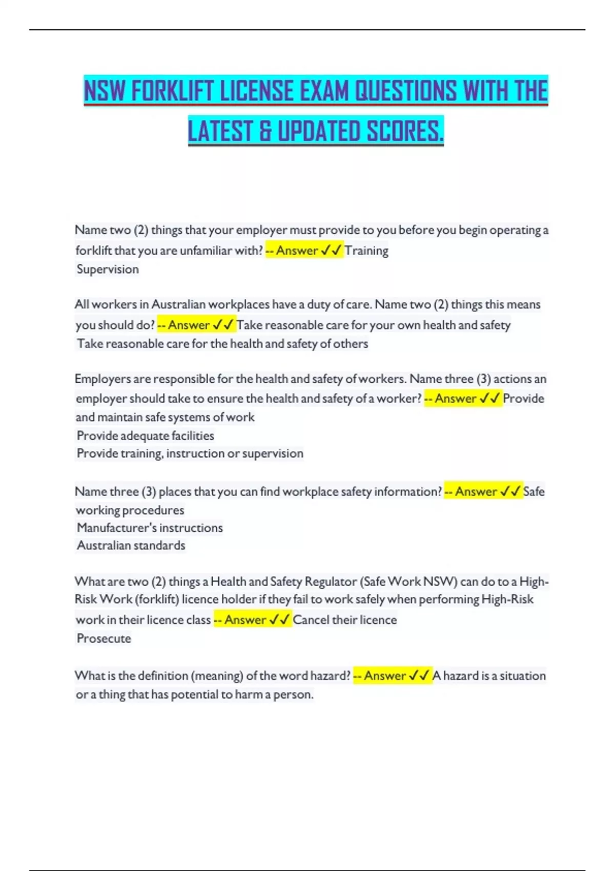 NSW FORKLIFT LICENSE EXAM QUESTIONS WITH THE LATEST & UPDATED SCORES ...