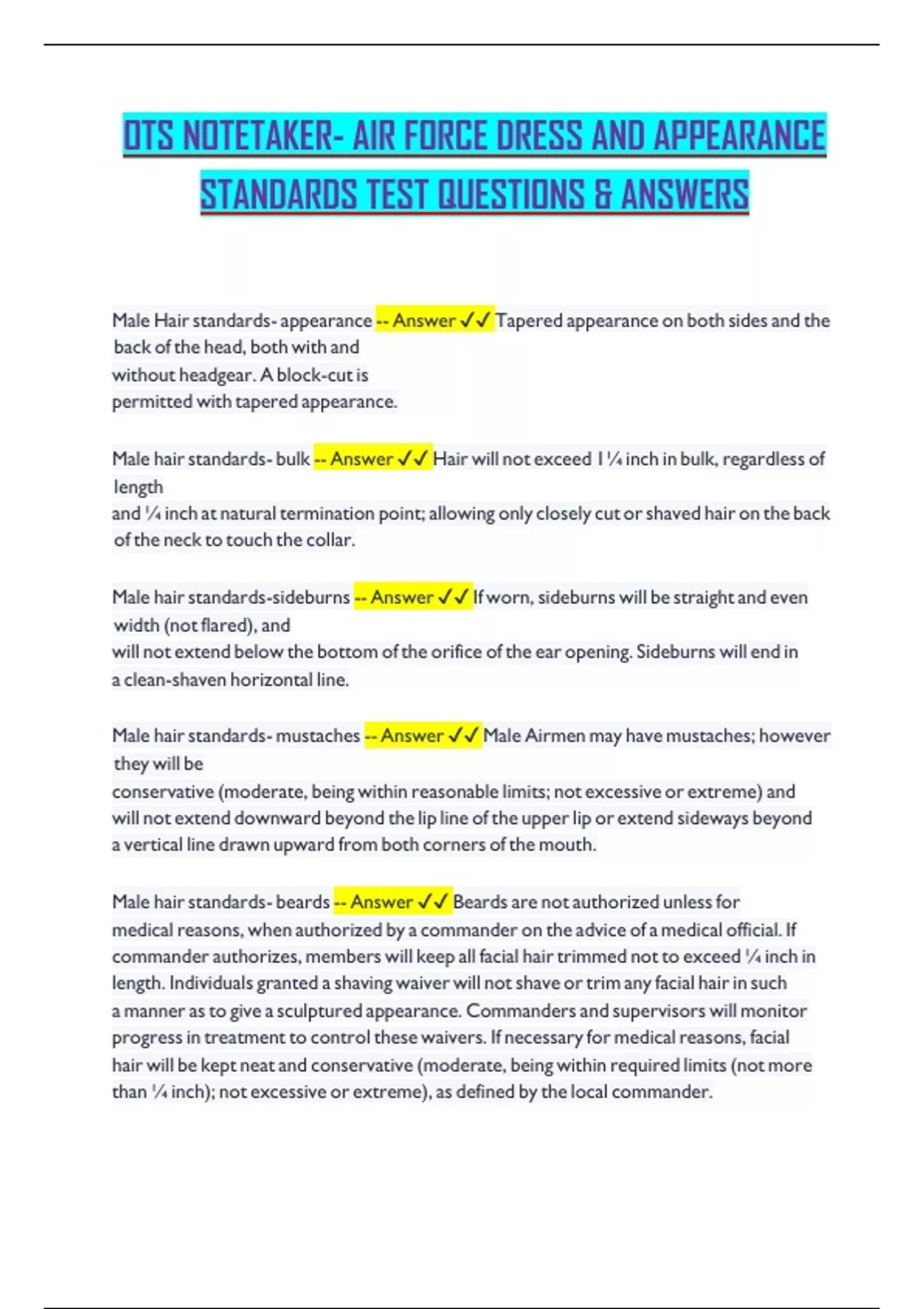 OTS NOTETAKER: AIR FORCE DRESS AND APPEARANCE STANDARDS TEST QUESTIONS ...