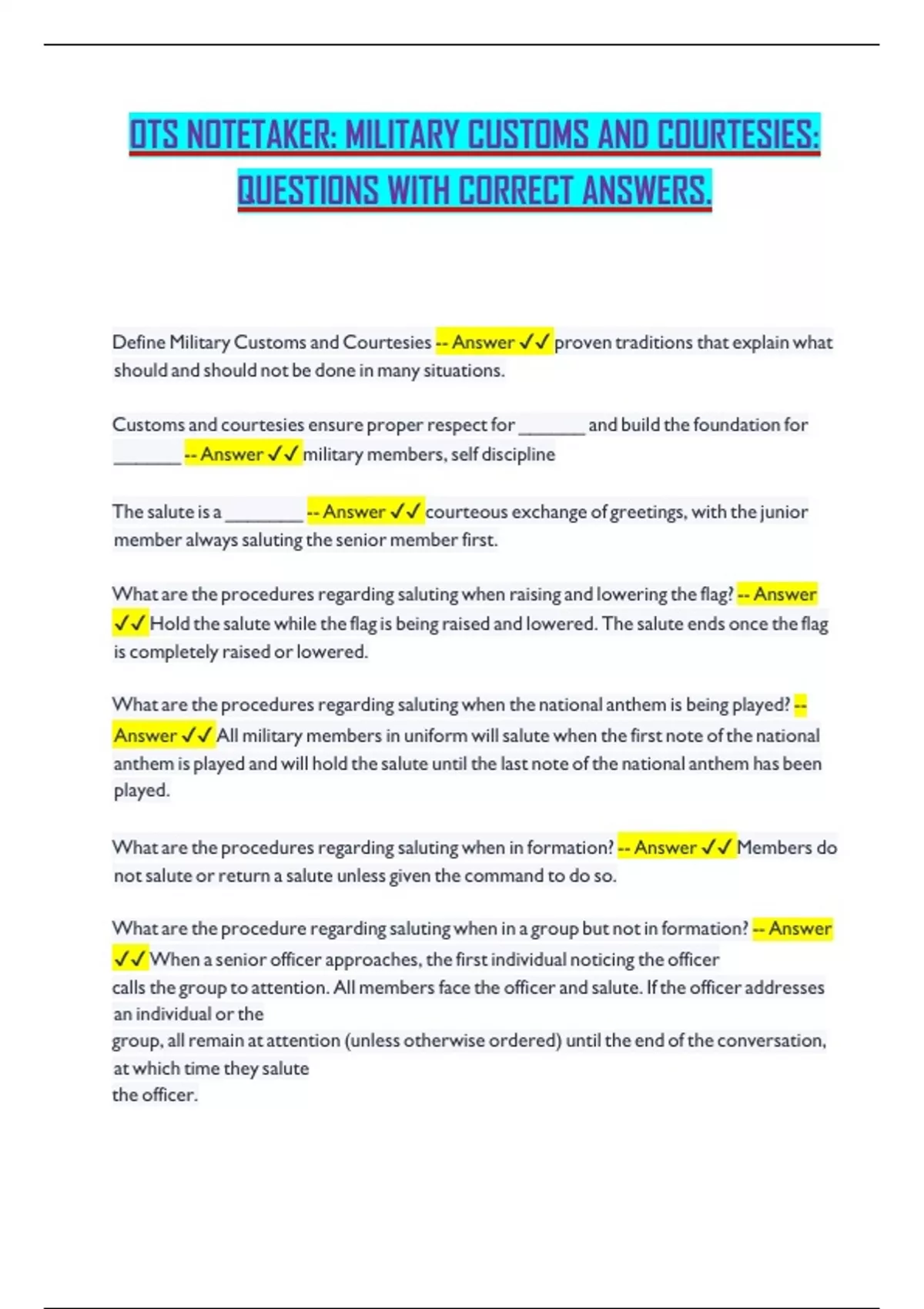 OTS NOTETAKER: MILITARY CUSTOMS AND COURTESIES: QUESTIONS WITH CORRECT ...