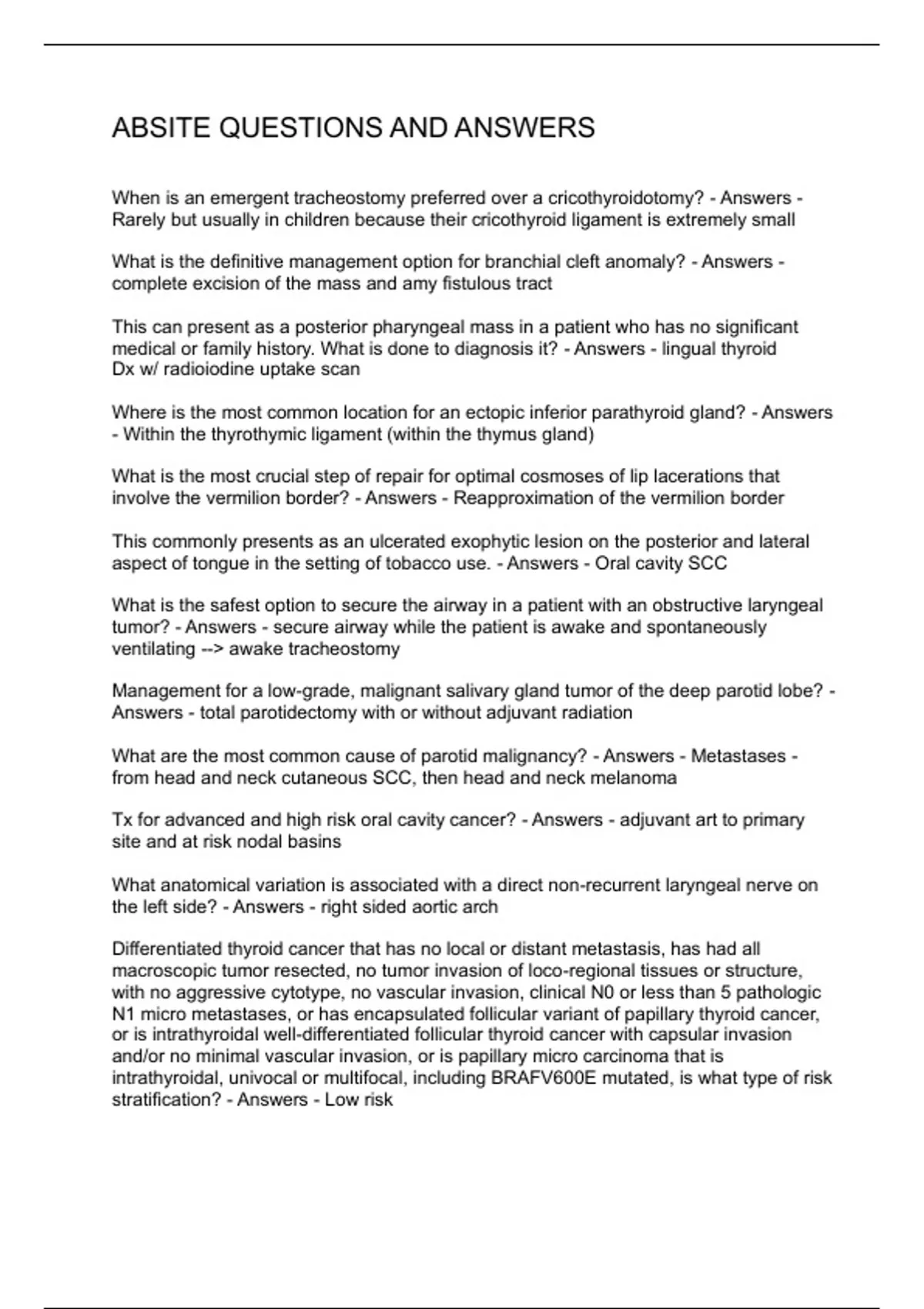 ABSITE QUESTIONS AND ANSWERS - ABSITE - Stuvia US