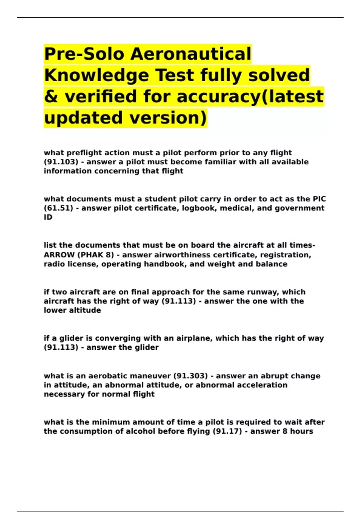 Pre-Solo Aeronautical Knowledge Test fully solved & verified for ...