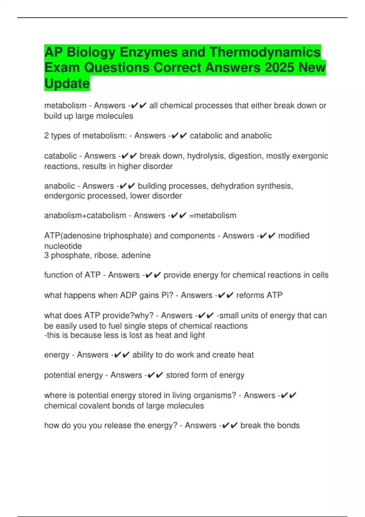 AP Biology Enzymes and Thermodynamics Exam Questions Correct Answers ...