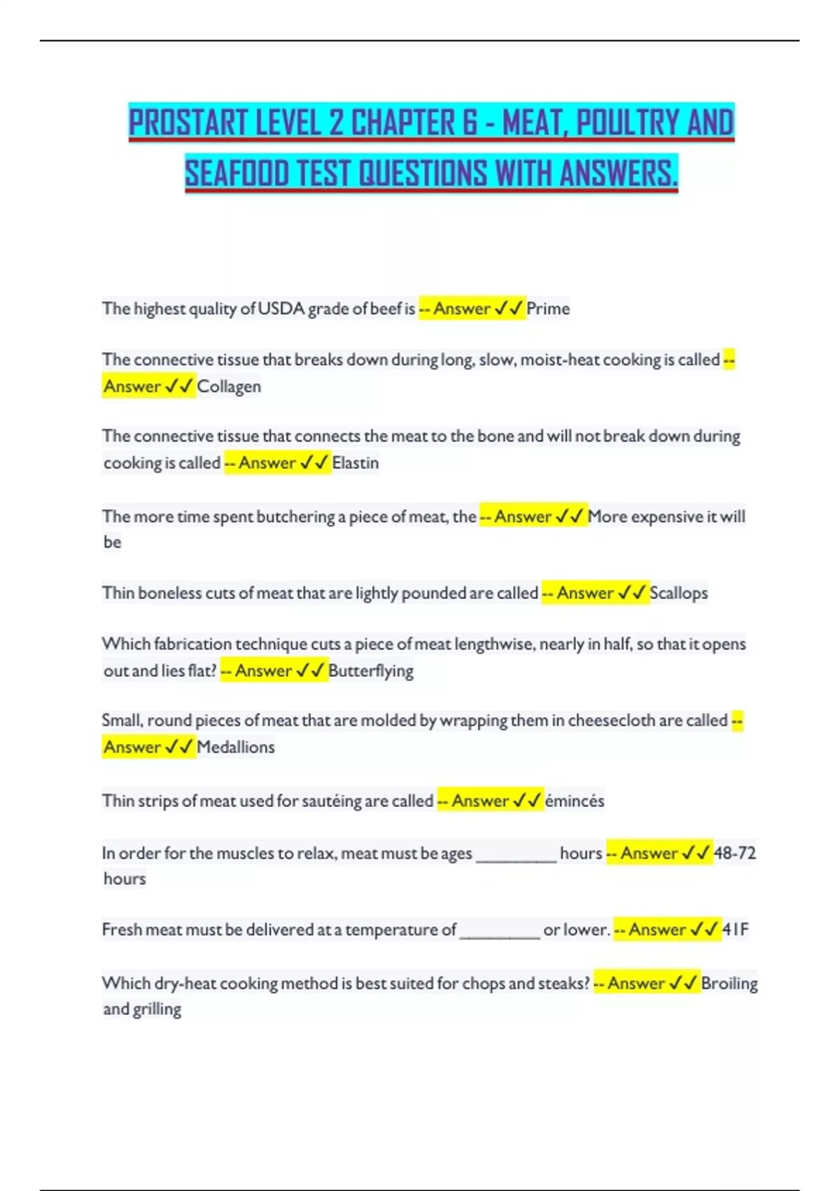 PROSTART LEVEL 2 CHAPTER 6: MEAT, POULTRY AND SEAFOOD TEST QUESTIONS ...