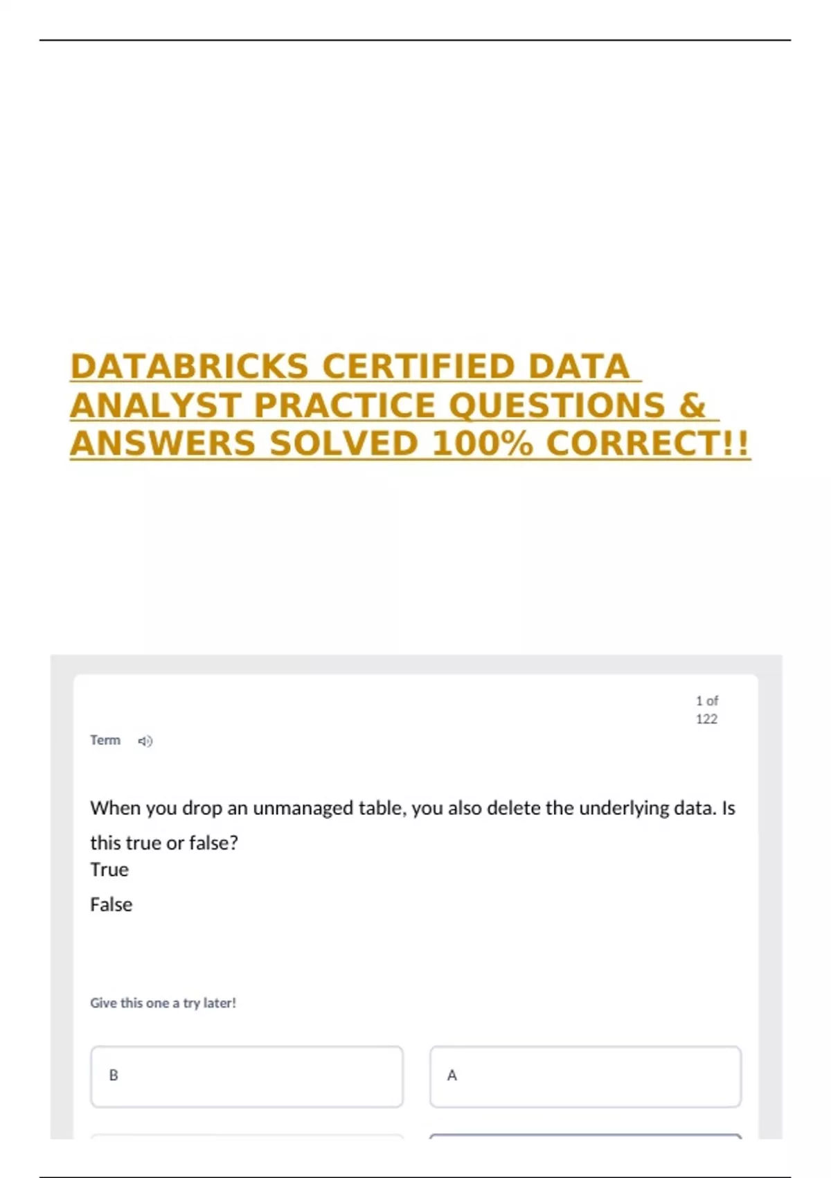 DATABRICKS CERTIFIED DATA ANALYST PRACTICE QUESTIONS ANSWERS SOLVED