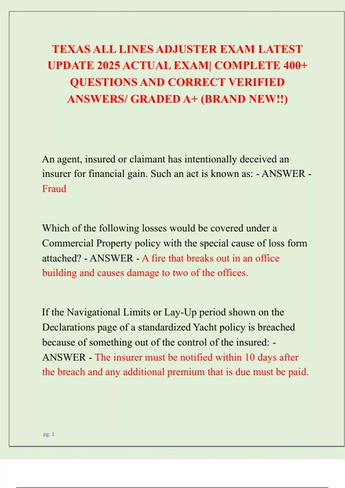 TEXAS ALL LINES ADJUSTER EXAM LATEST 2025 ACTUAL EXAM TEST BANK ...