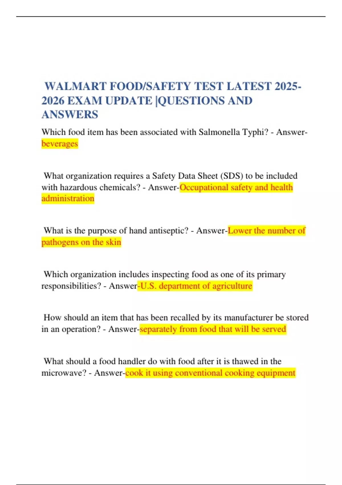 WALMART FOOD/SAFETY TEST LATEST EXAM UPDATE |QUESTIONS AND ANSWERS ...