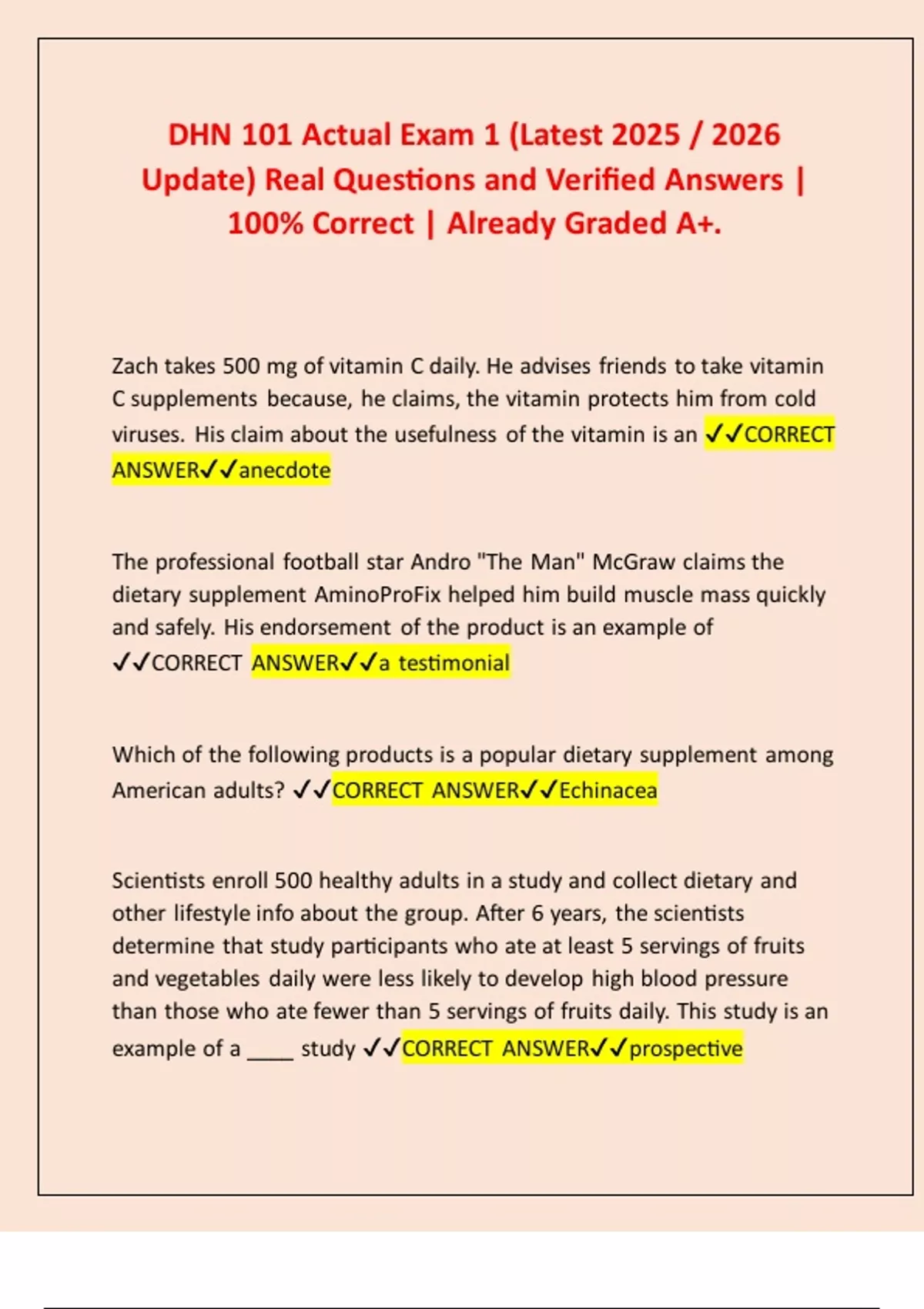 DHN 101 Actual Exam 1 (Latest 2025 / 2026 Update) Real Questions and ...