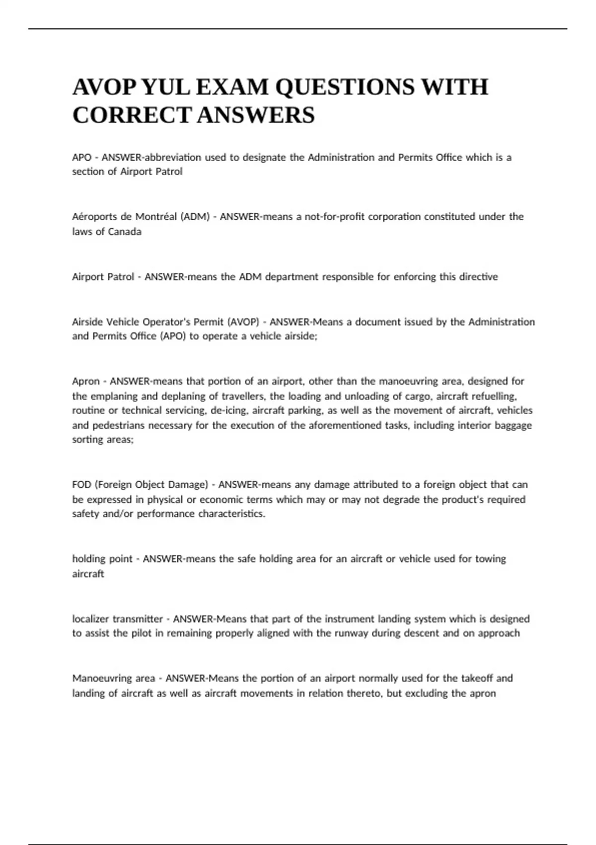 AVOP YUL EXAM QUESTIONS WITH CORRECT ANSWERS - AVOP - Stuvia US