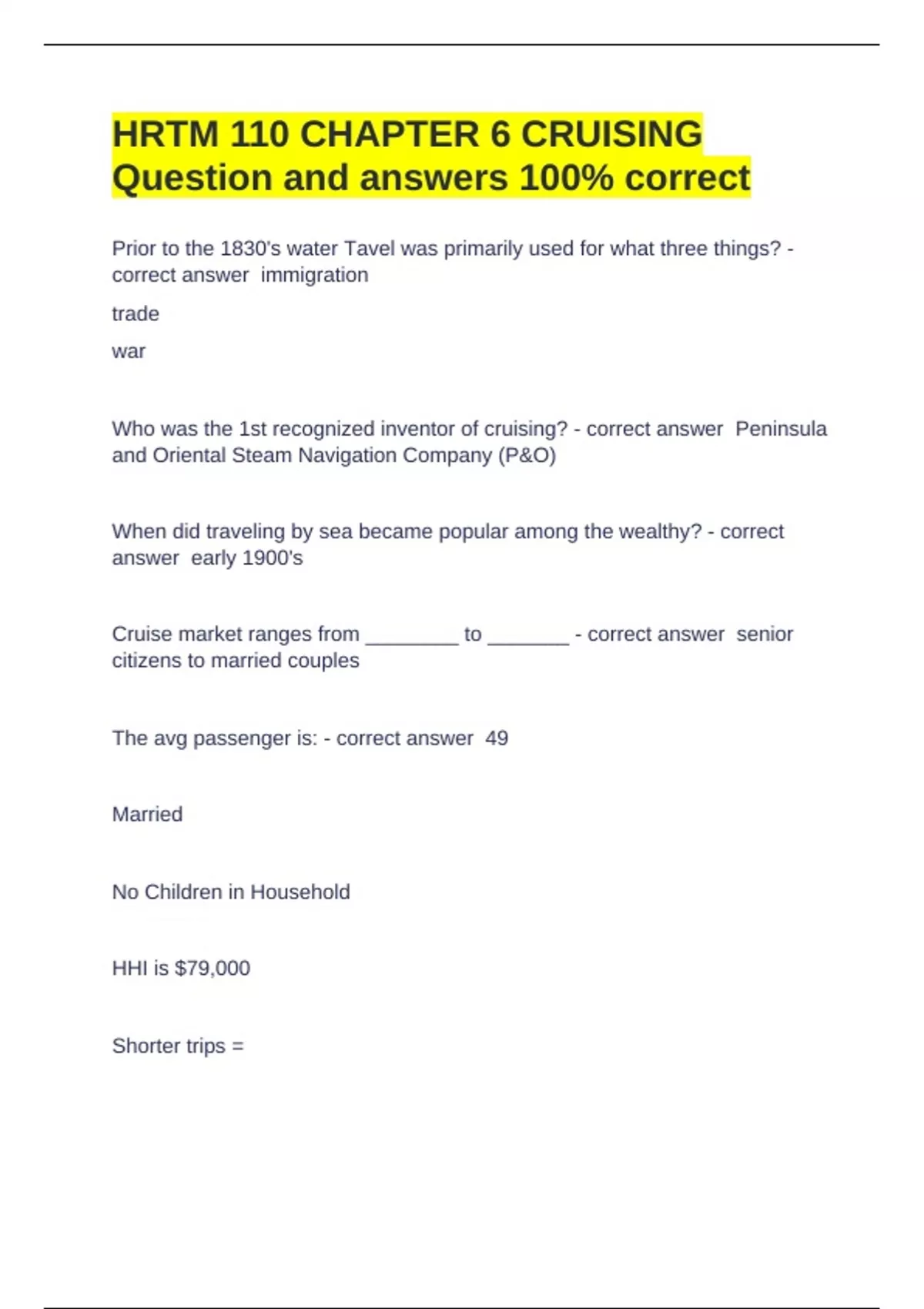 HRTM 110 CHAPTER 6 CRUISING Question and answers 100% correct - HRMT - Stuvia US