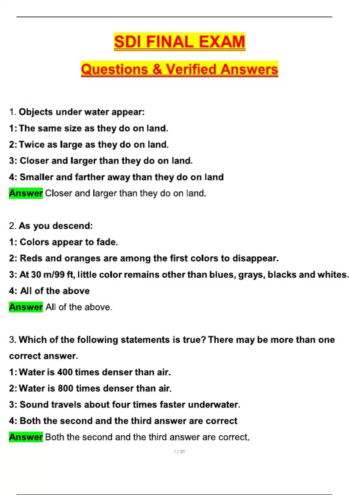 SDI ACTUAL EXAMS BUNDLED SDI Final Exam / SDI Computer Nitrox (Latest ...