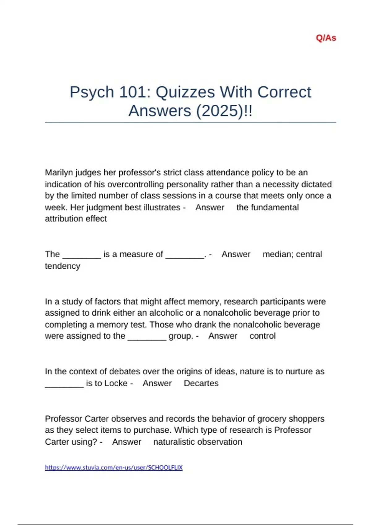 Psych 101 Quizzes With Correct Answers (2025)!! - PSYC 101 - Stuvia US