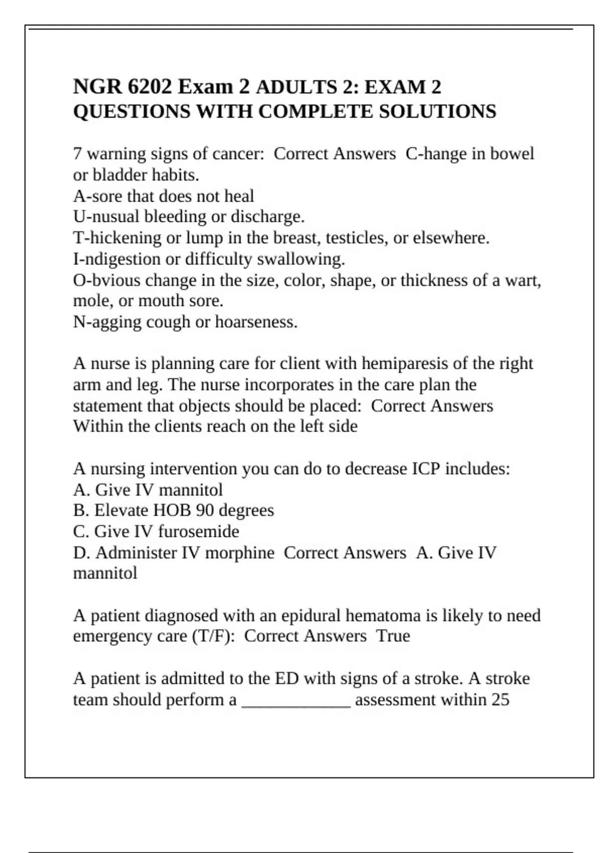NGR 6202 Exam 2 ADULTS 2: EXAM 2 QUESTIONS WITH COMPLETE SOLUTIONS ...