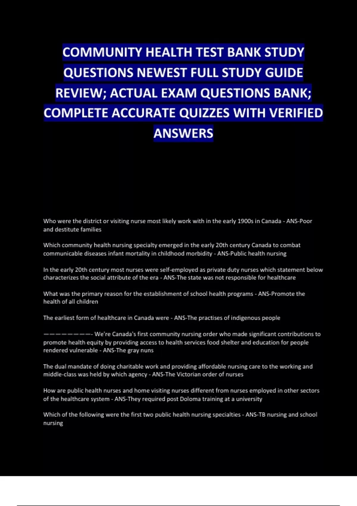 COMMUNITY HEALTH TEST BANK STUDY QUESTIONS NEWEST FULL STUDY GUIDE ...