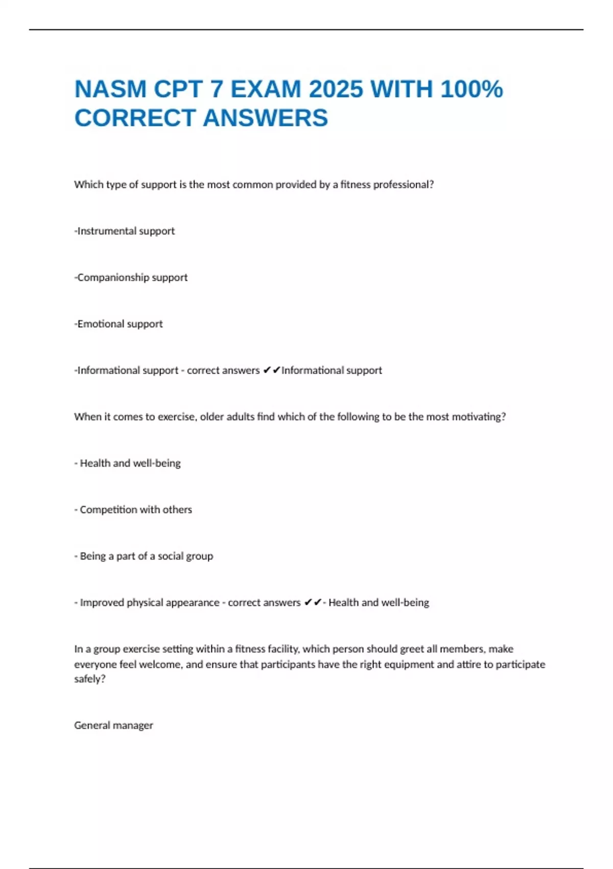 NASM CPT 7 EXAM 2025 WITH 100% CORRECT ANSWERS - NASM CPT 7 E - Stuvia US