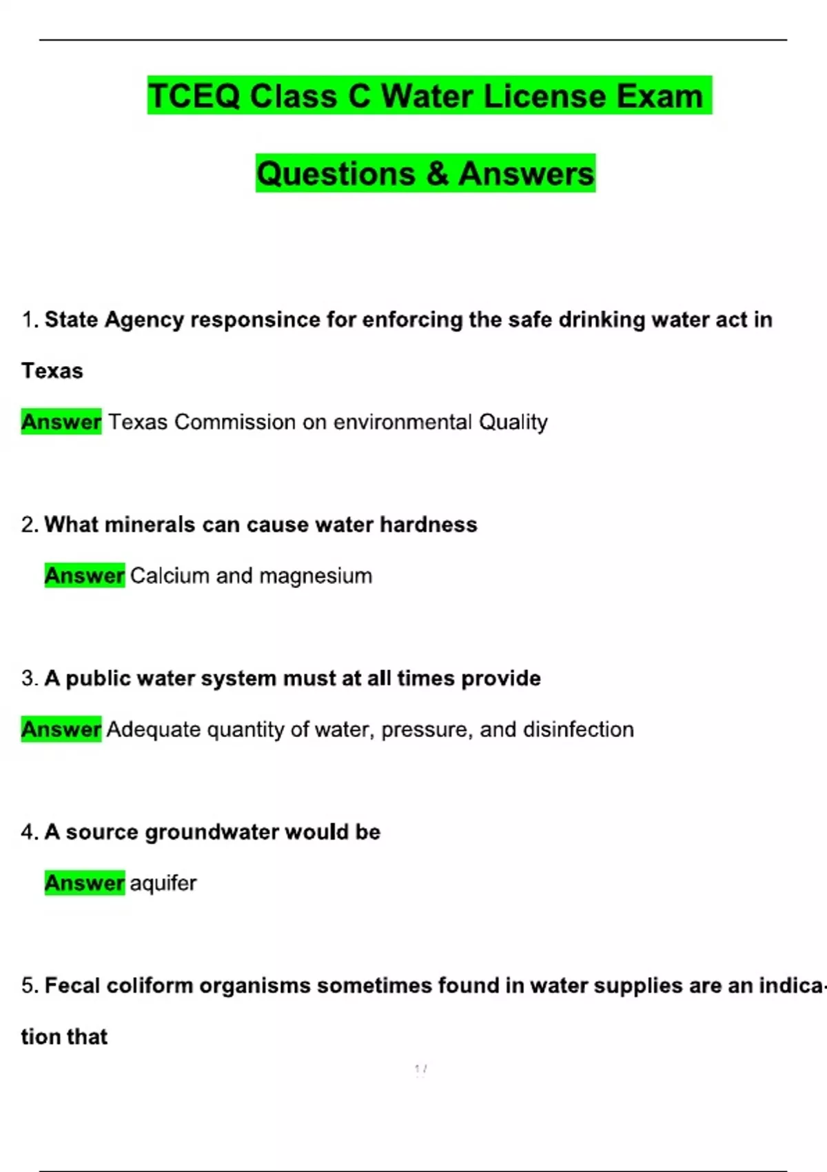 TCEQ Class C Water License Exam (Latest 2025 / 2026 Update) Questions ...