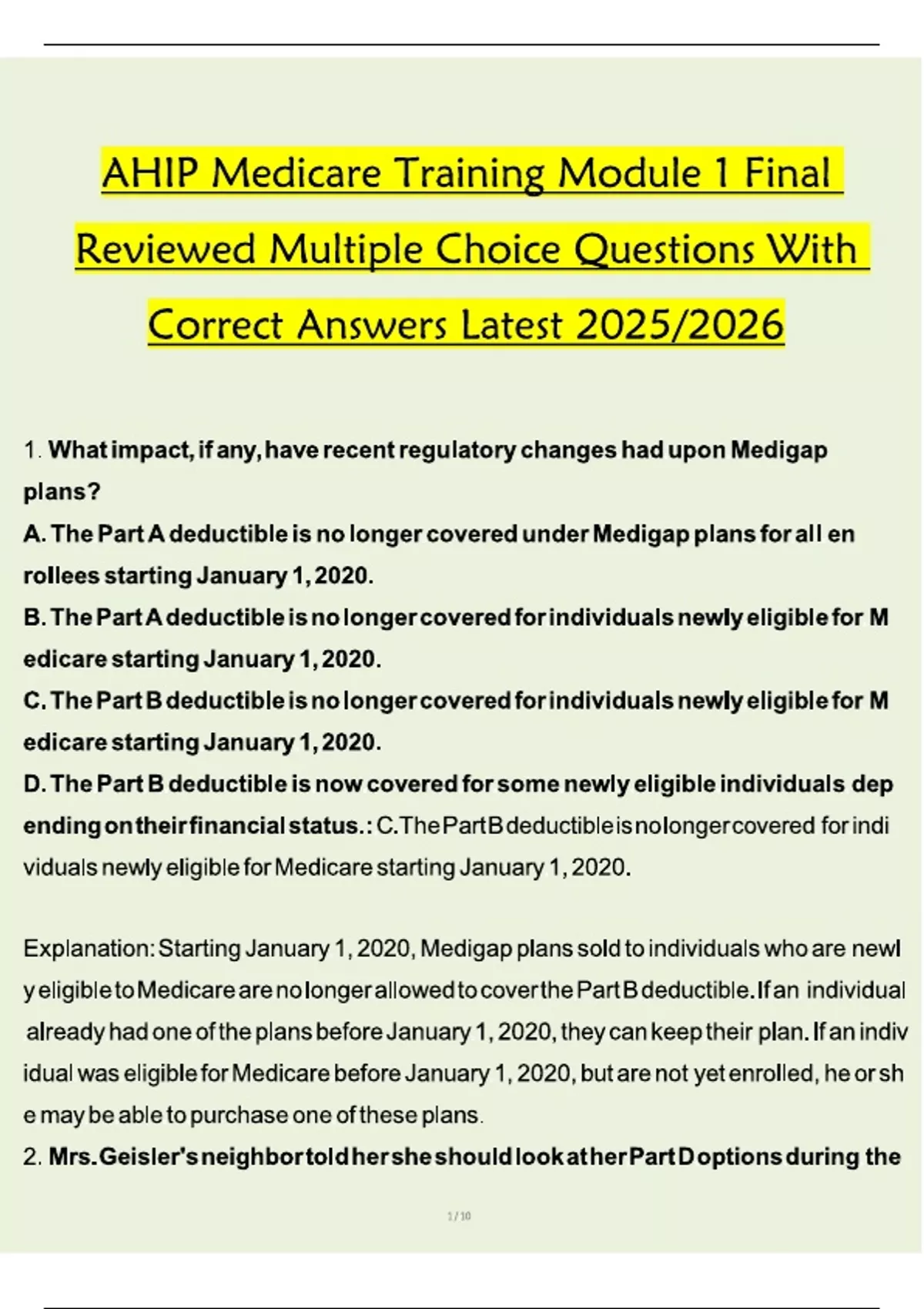 AHIP Medicare Training Module 1 Final Reviewed Multiple Choice ...