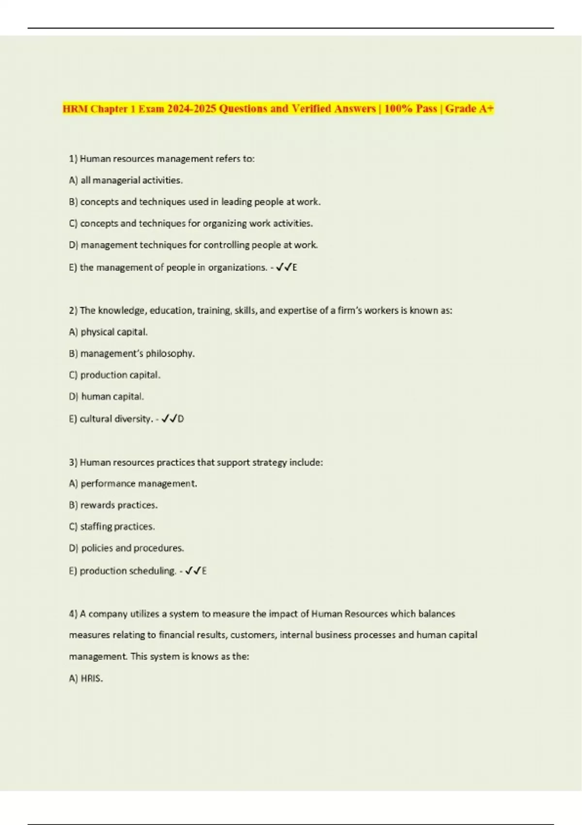 HRM Chapter 1 Exam Questions and Verified Answers | 100% Pass | Grade ...
