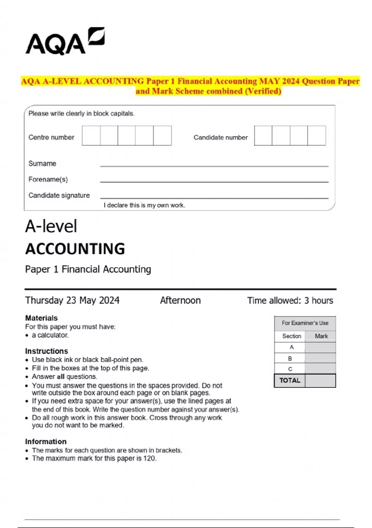 AQA A-LEVEL ACCOUNTING Paper 1 Financial Accounting MAY 2024 Question ...
