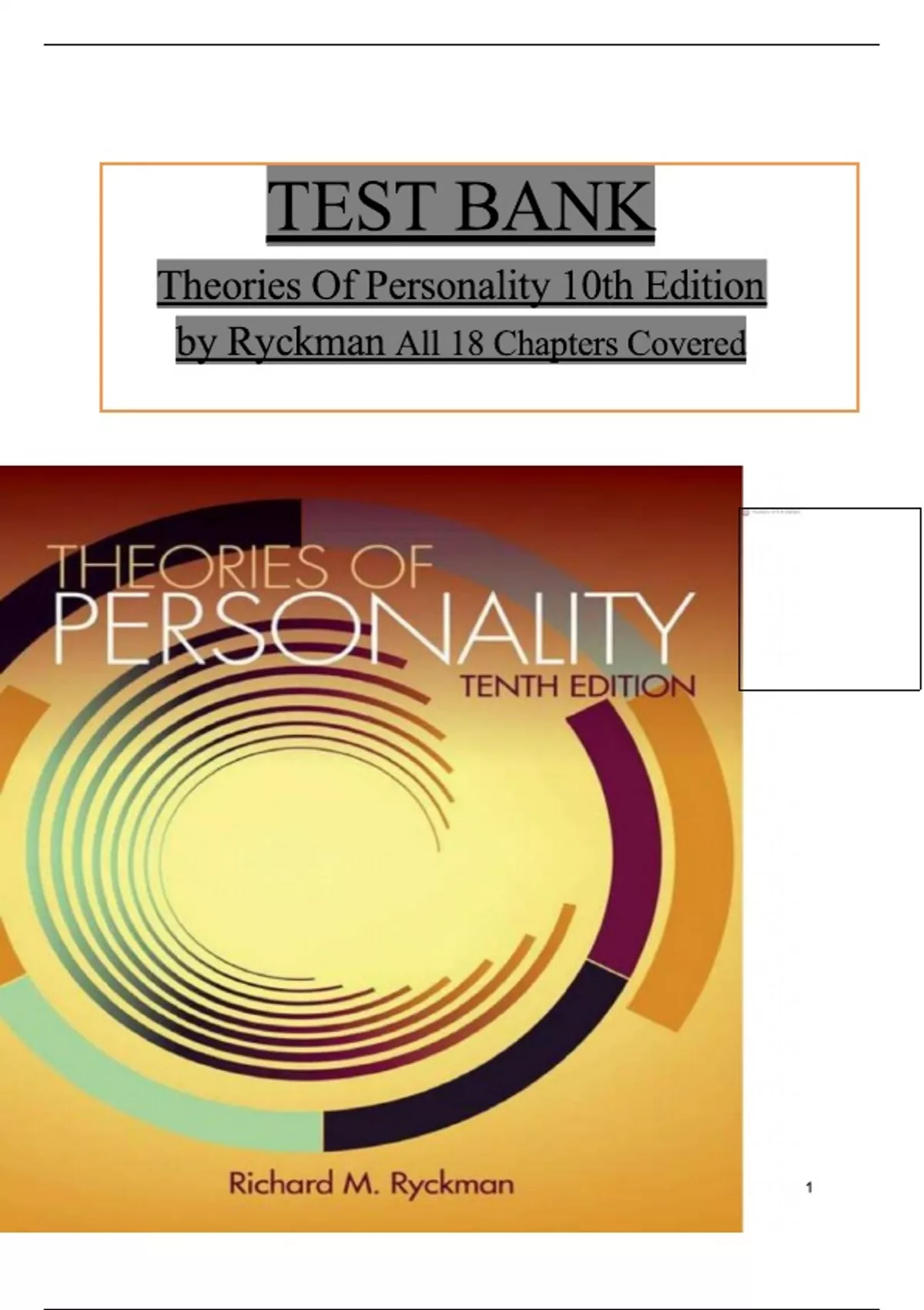 Theories of Personality 10th Edition by Ryckman - Test Bank All 18 ...