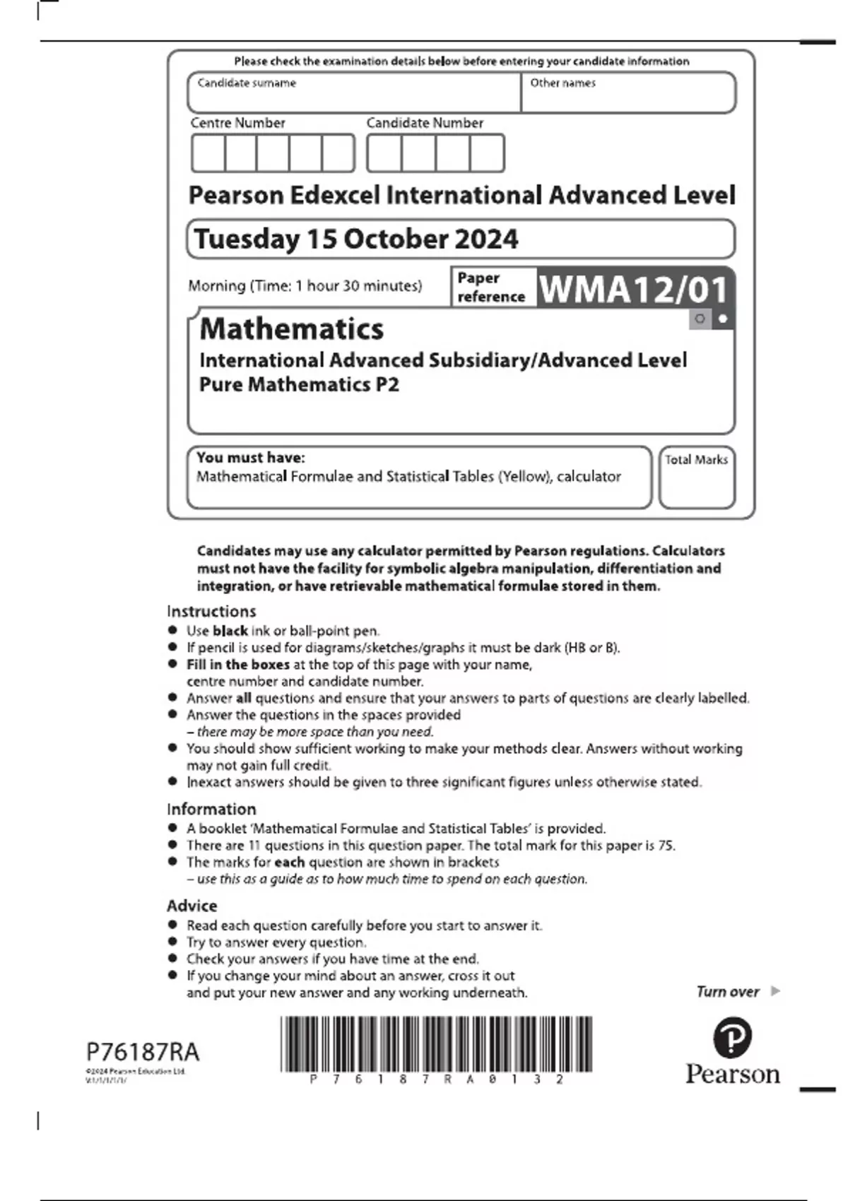 Pearson Edexcel International Advanced Level Mathematics International Advanced Subsidiary ...