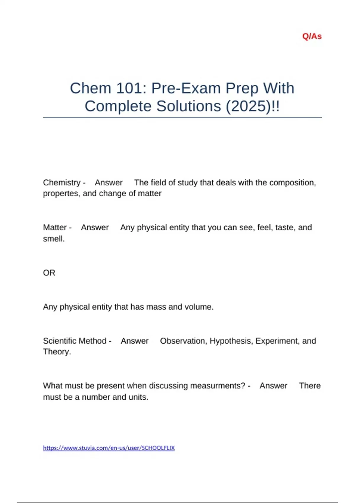 Chem 101 Pre-Exam Prep With Complete Solutions (2025)!! - CHEM 101 ...