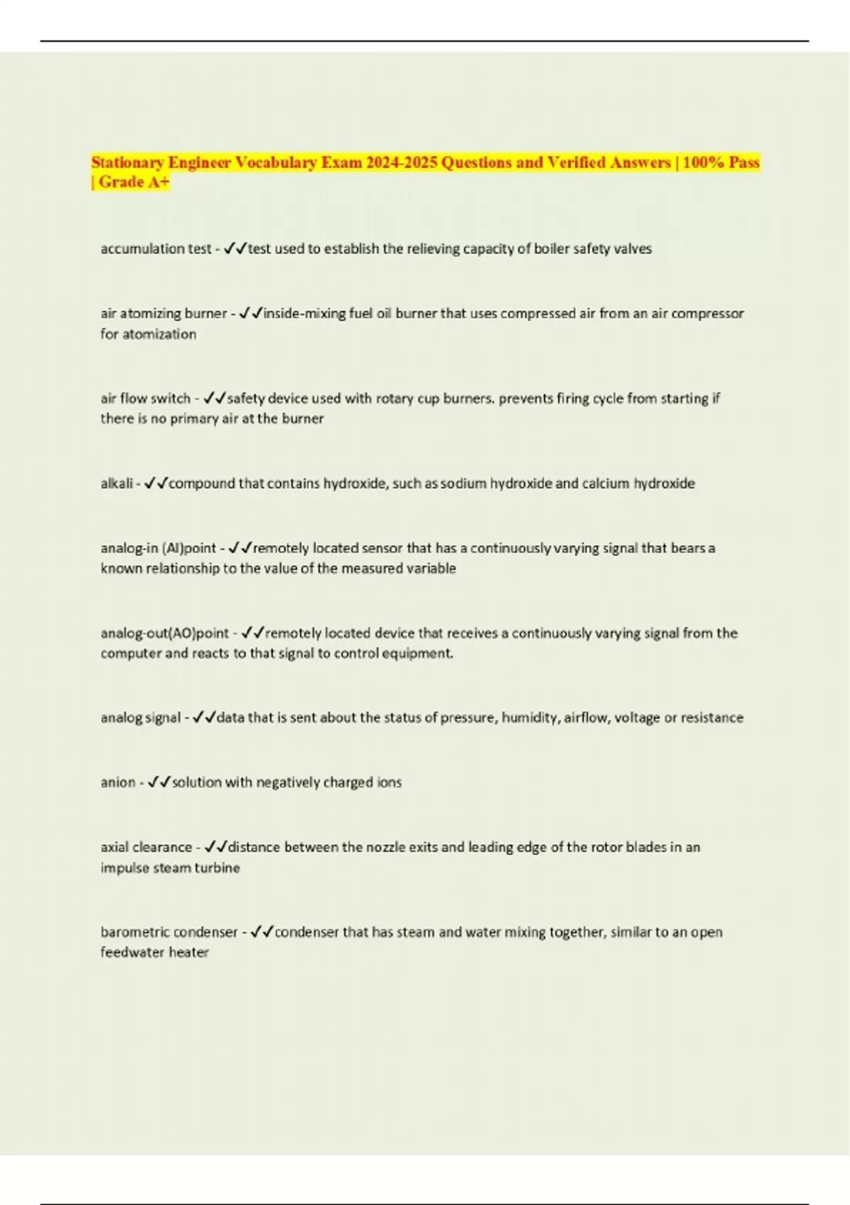 Stationary Engineer Exam Questions and Verified Answers | 100% Pass ...