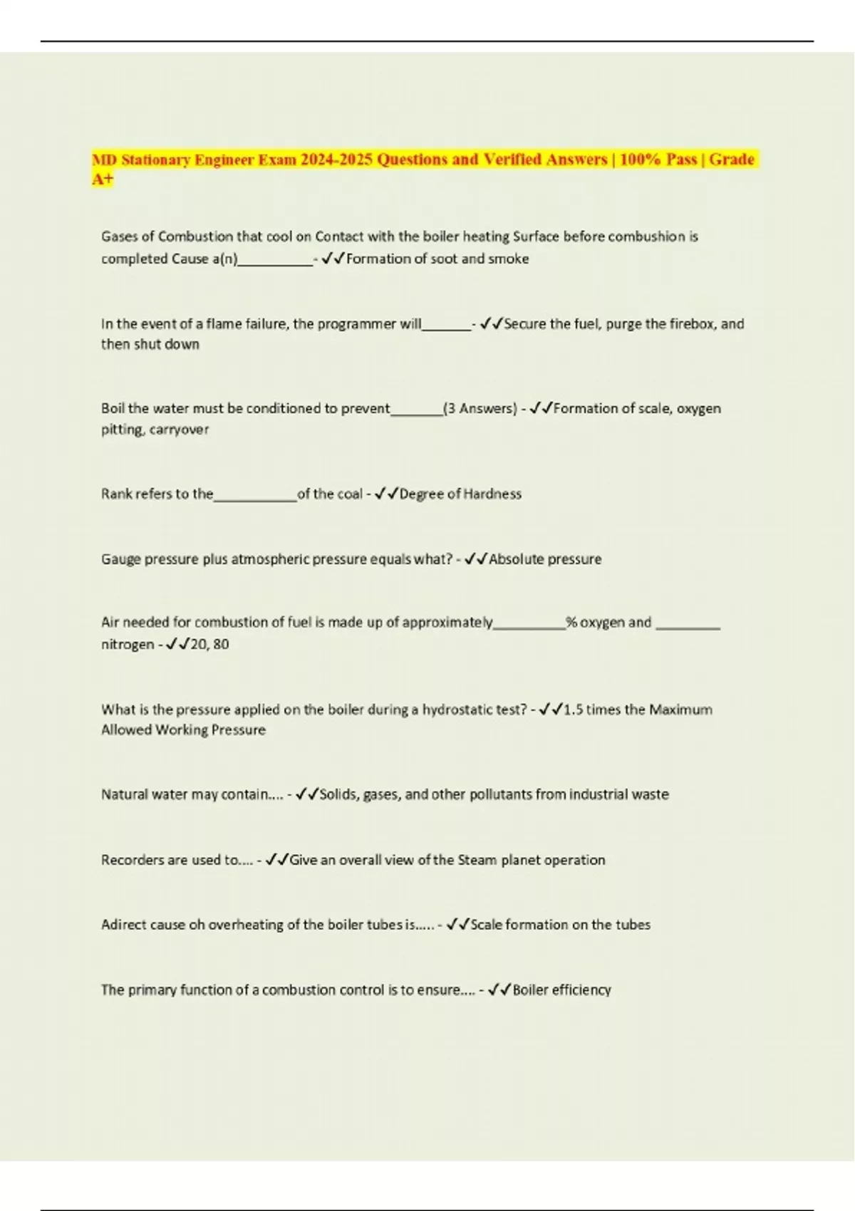 Stationary Engineer Exam Questions and Verified Answers | 100% Pass ...