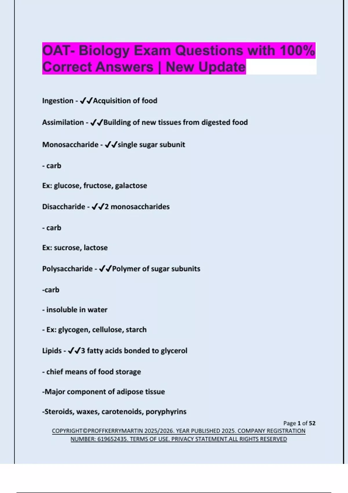 OAT- Biology Exam Questions with 100% Correct Answers | New Update ...