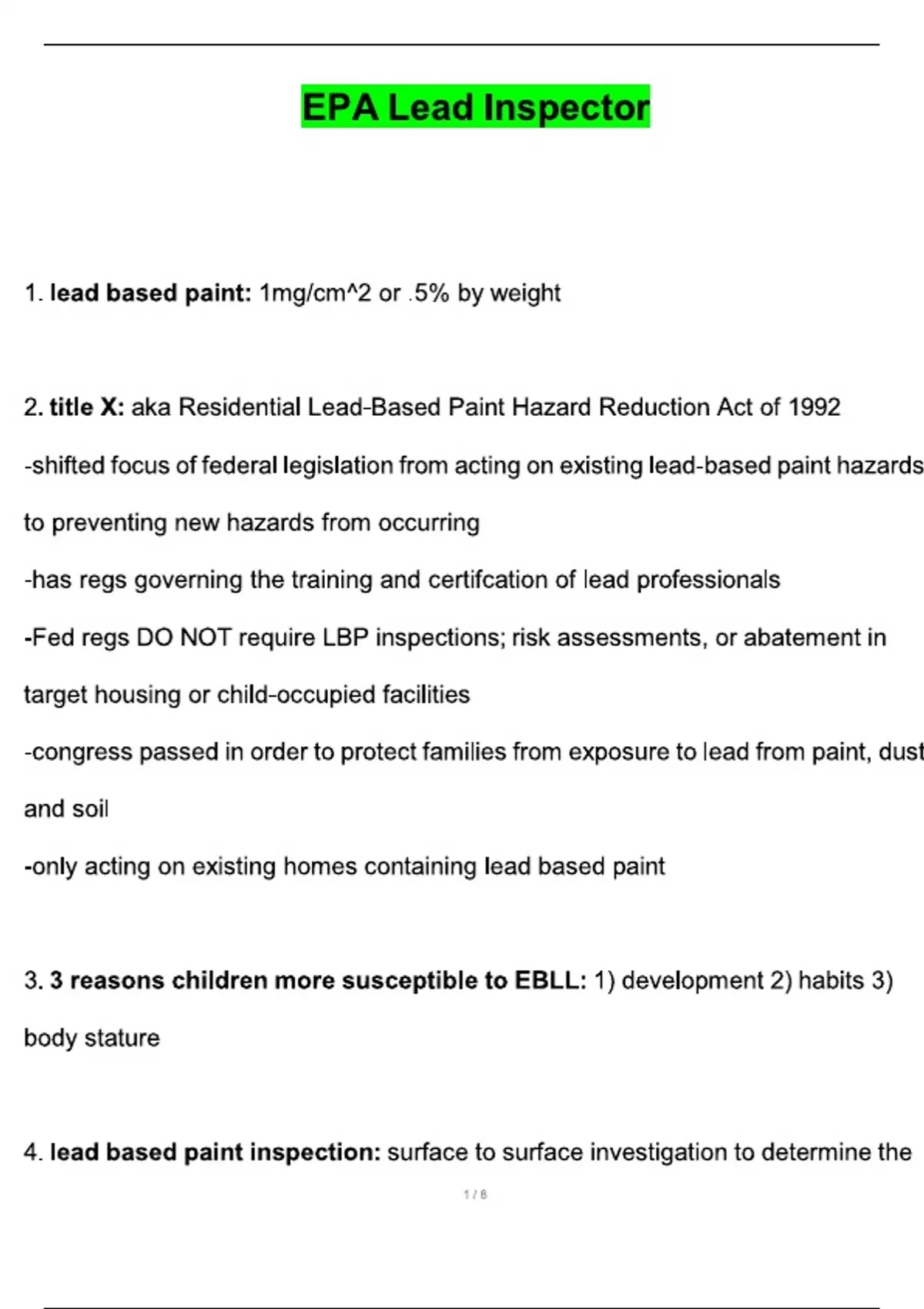 EPA Lead Inspector Exam (Latest 2025 / 2026 Update) Questions and ...