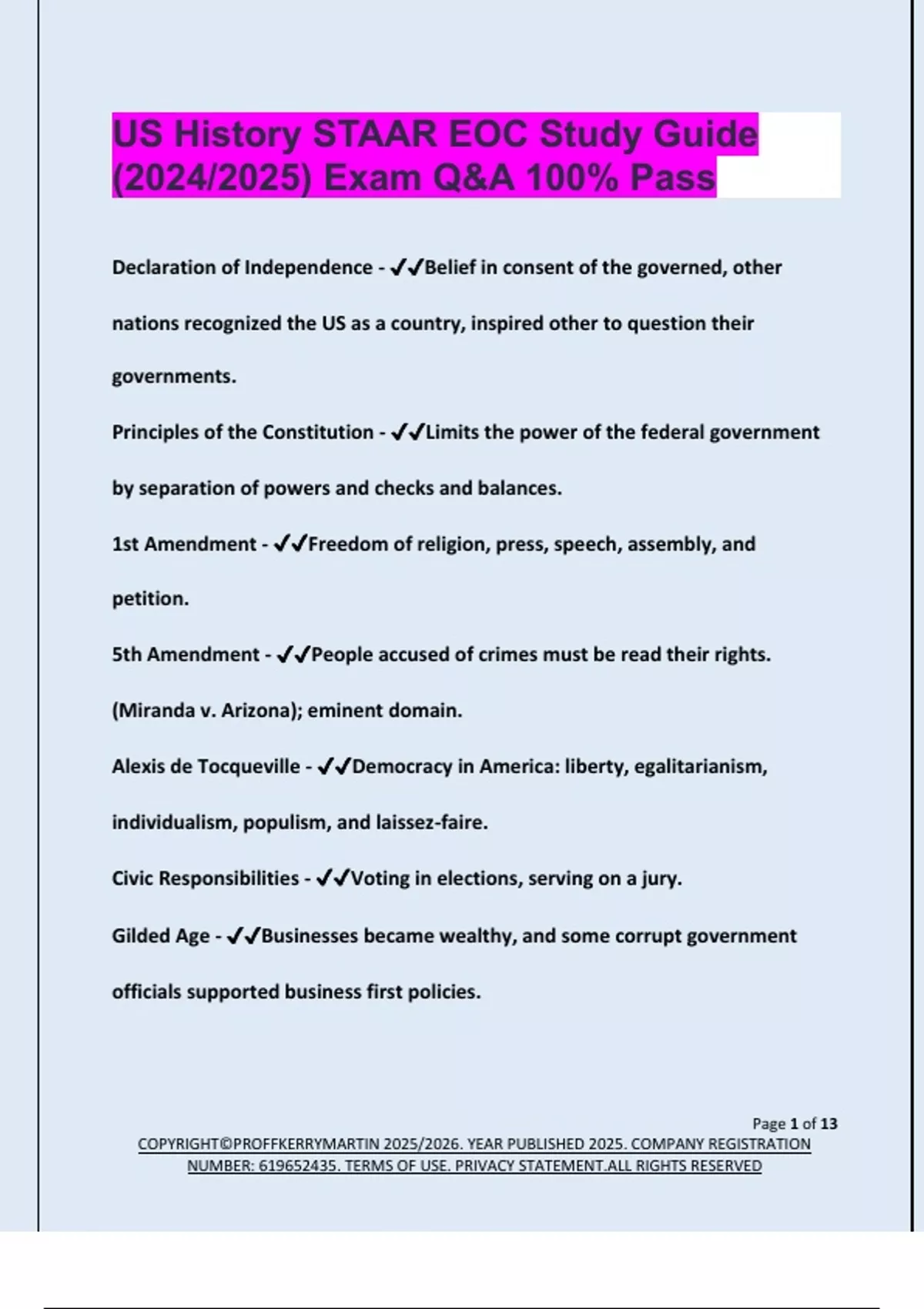 US History STAAR EOC Study Guide (2024/2025) Exam Q&A 100% Pass - Us ...
