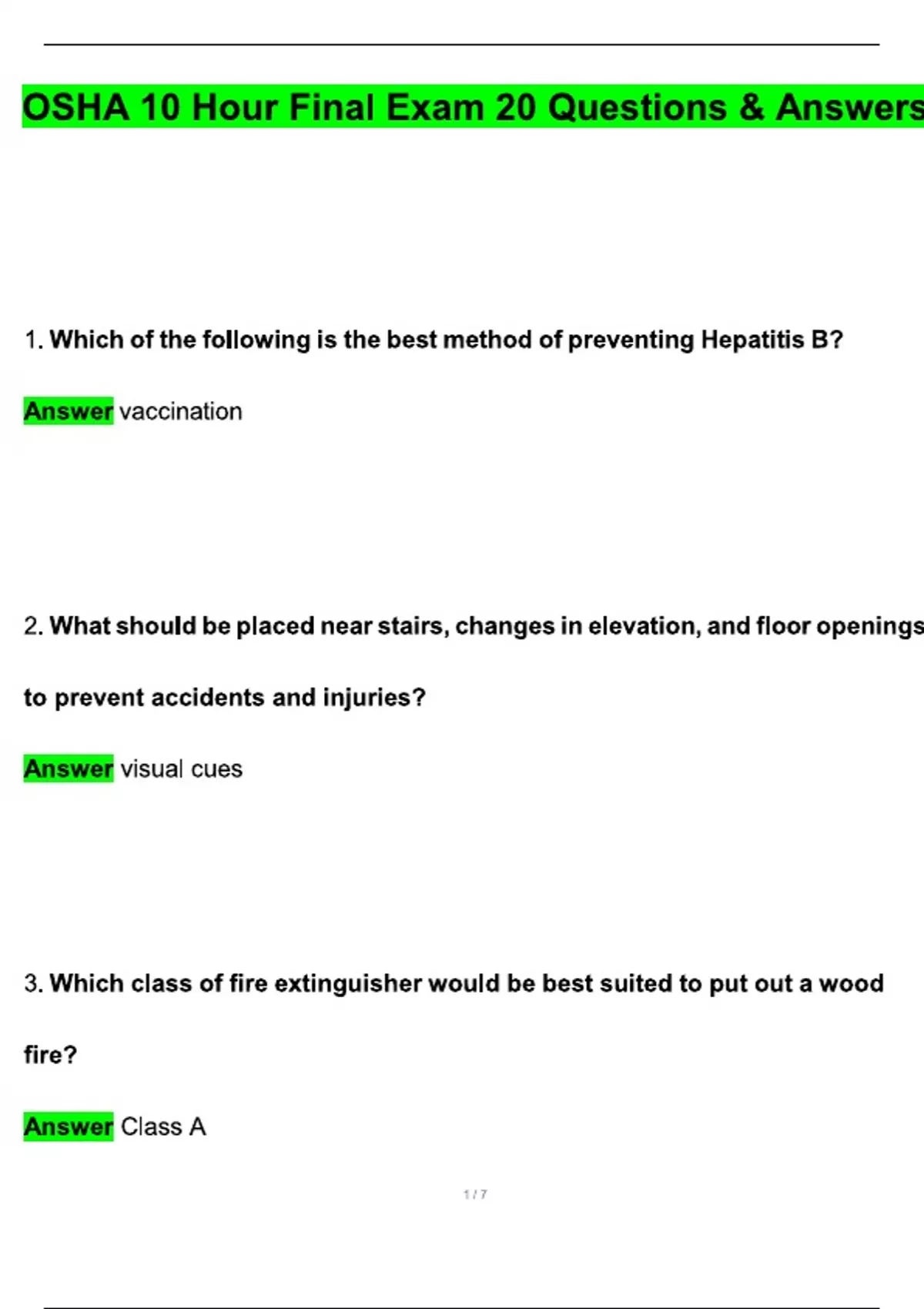 OSHA 10 Hour Final Exam 20 Questions (Latest 2025 / 2026 Update ...