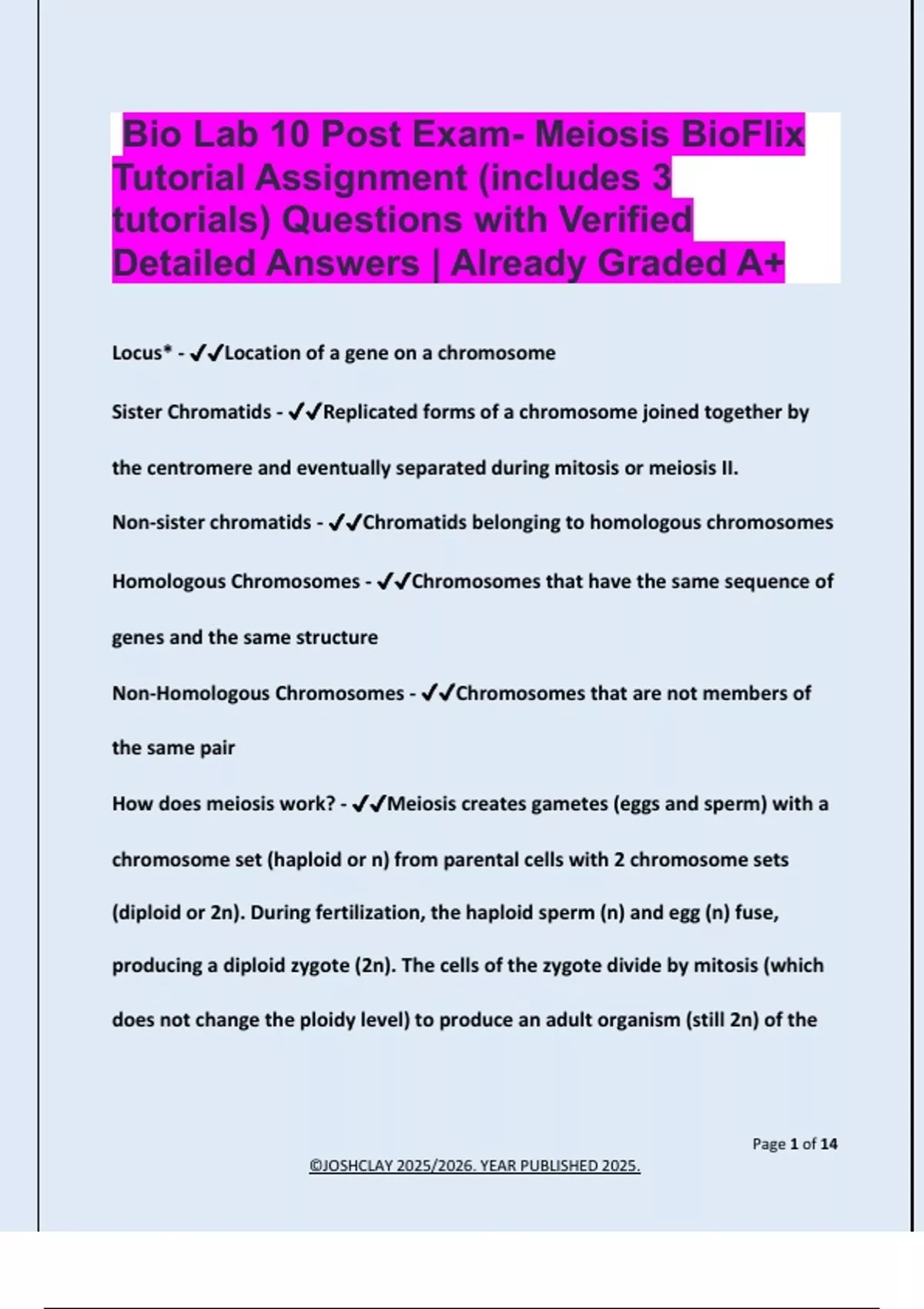 Bio Lab 10 Post Exam- Meiosis BioFlix Tutorial Assignment (includes 3 tutorials) Questions with ...