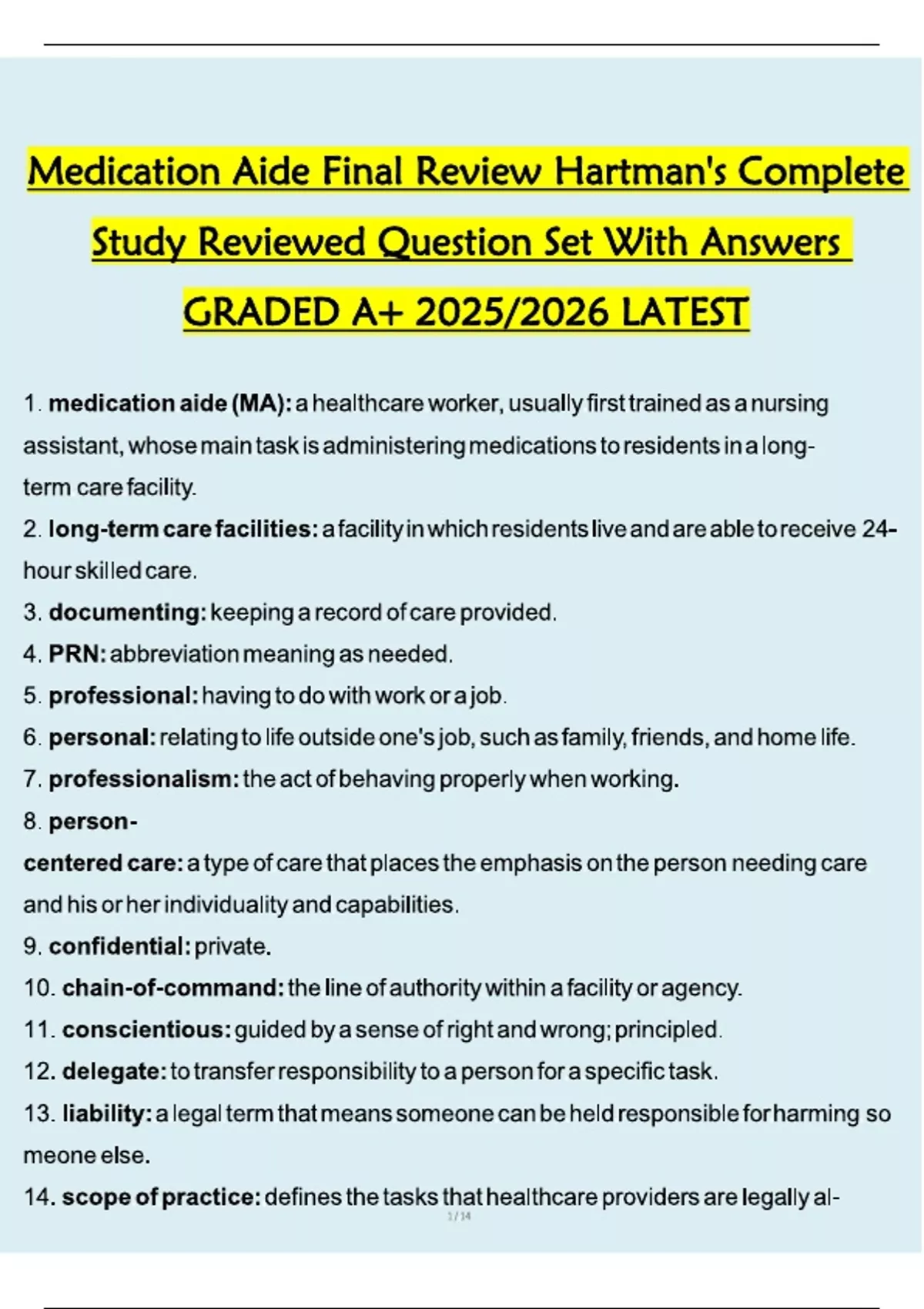 Medication Aide Final Review Hartman's Complete Study Reviewed Question ...