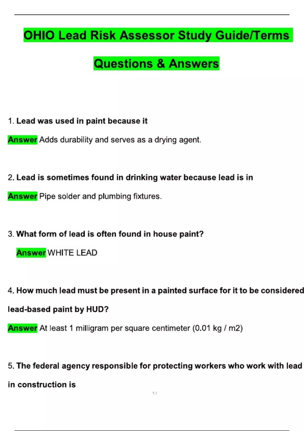OHIO Lead Risk Assessor Study Guide Terms Test (Latest 2025 / 2026 ...