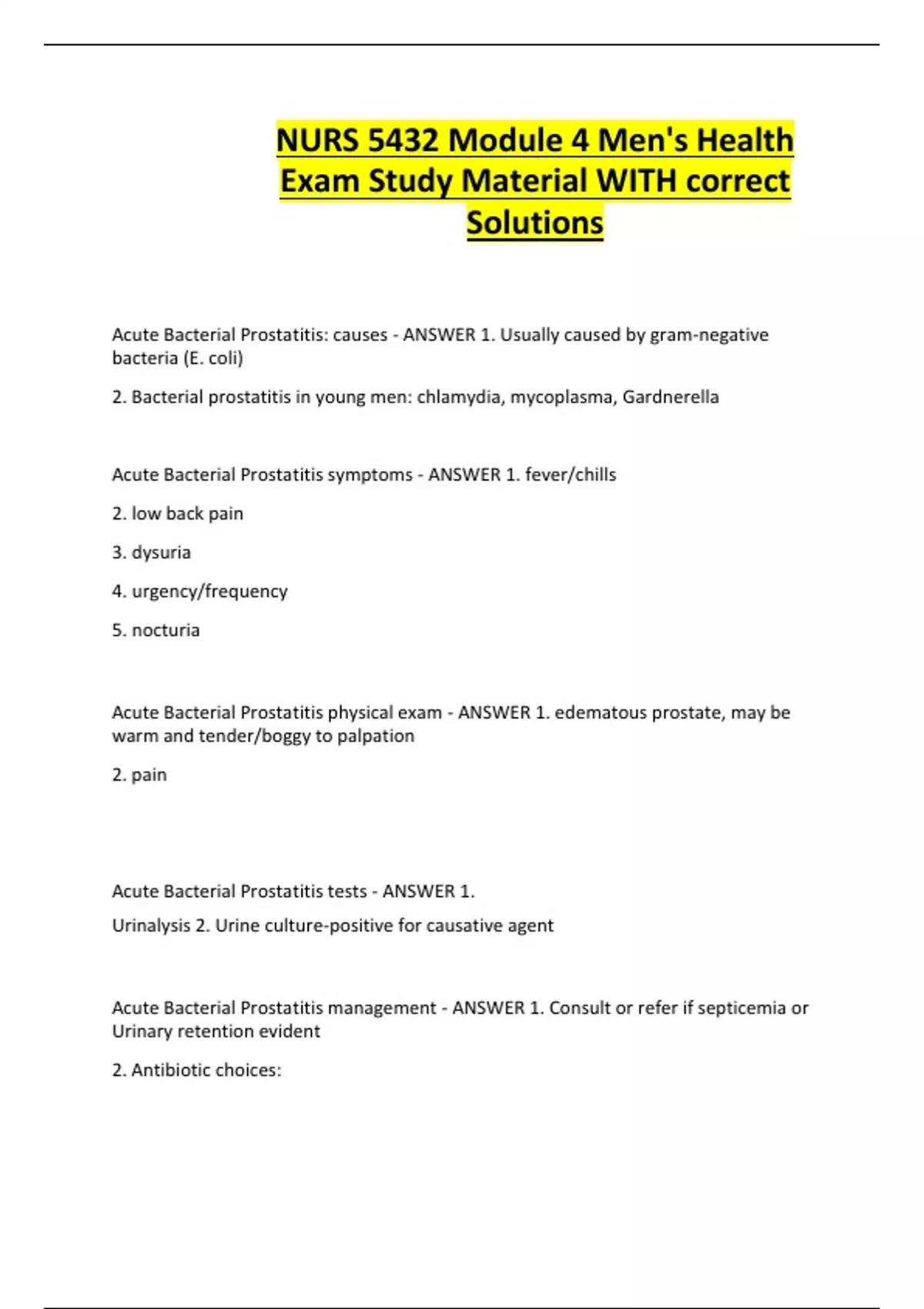 NURS 5432 Module 4 Men's Health Exam Study Material WITH correct Solutions - Nurs 5432 - Stuvia US