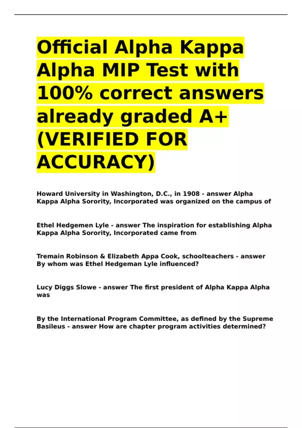 Official Alpha Kappa Alpha MIP Test with 100- correct answers already ...