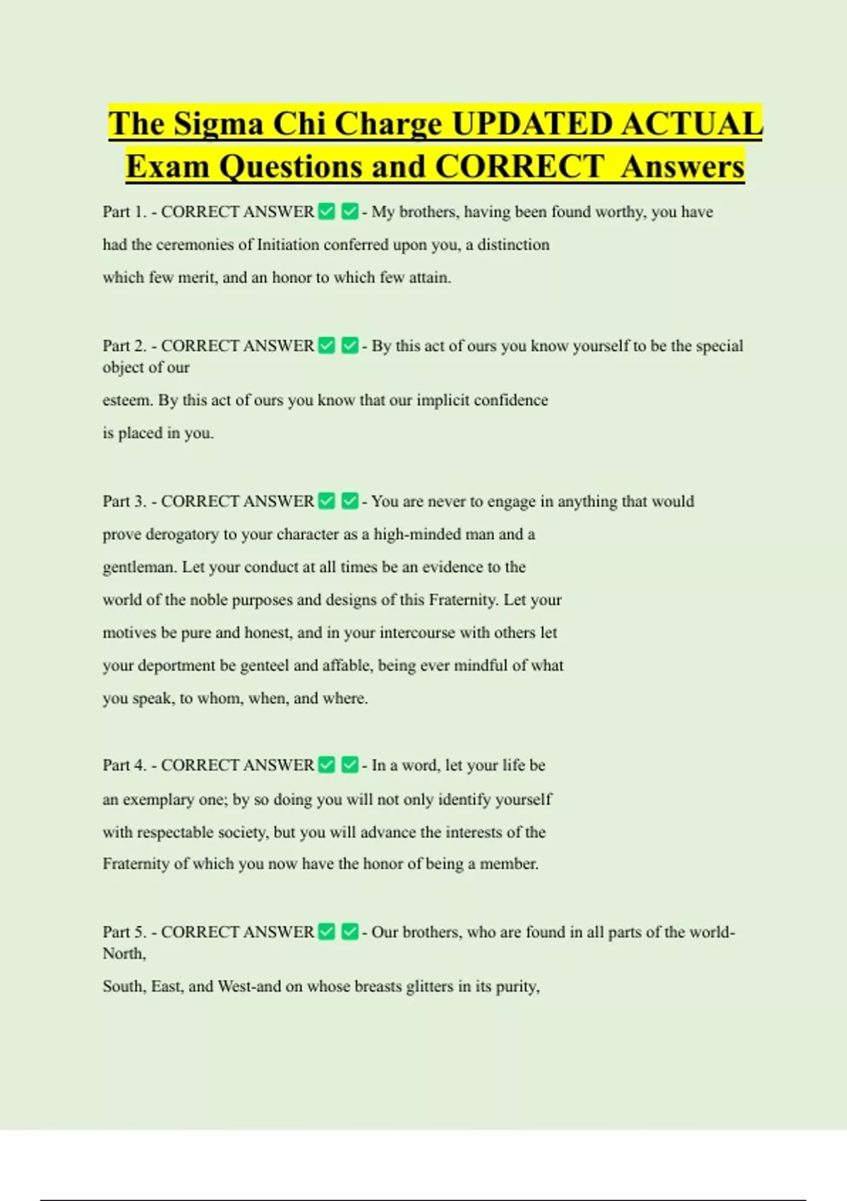 The Sigma Chi Charge UPDATED ACTUAL Exam Questions and CORRECT Answers ...