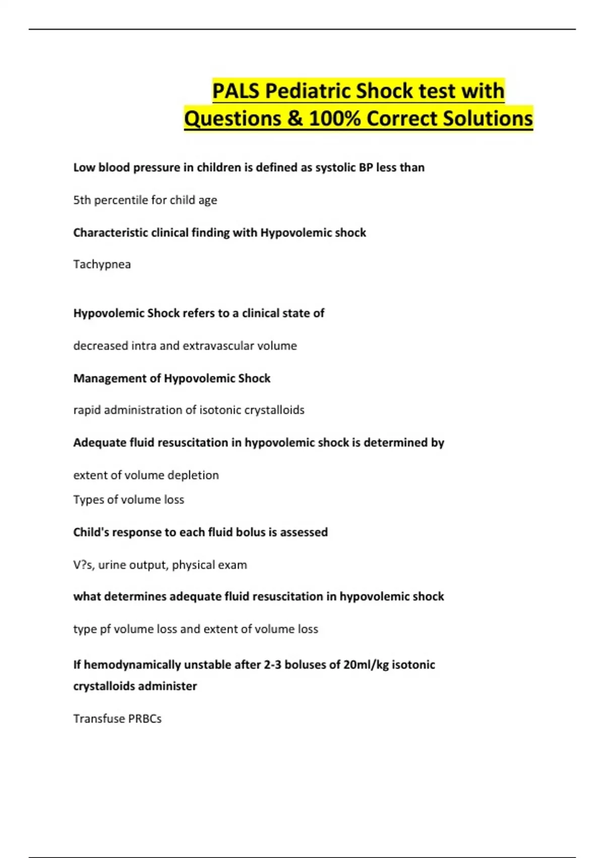 PALS Pediatric Shock test with Questions & 100% Correct Solutions ...