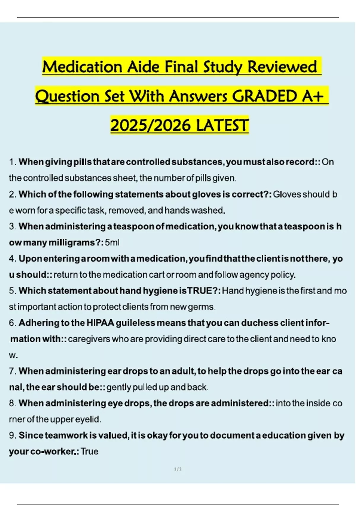 Medication Aide Final Study Reviewed Question Set With Answers GRADED ...