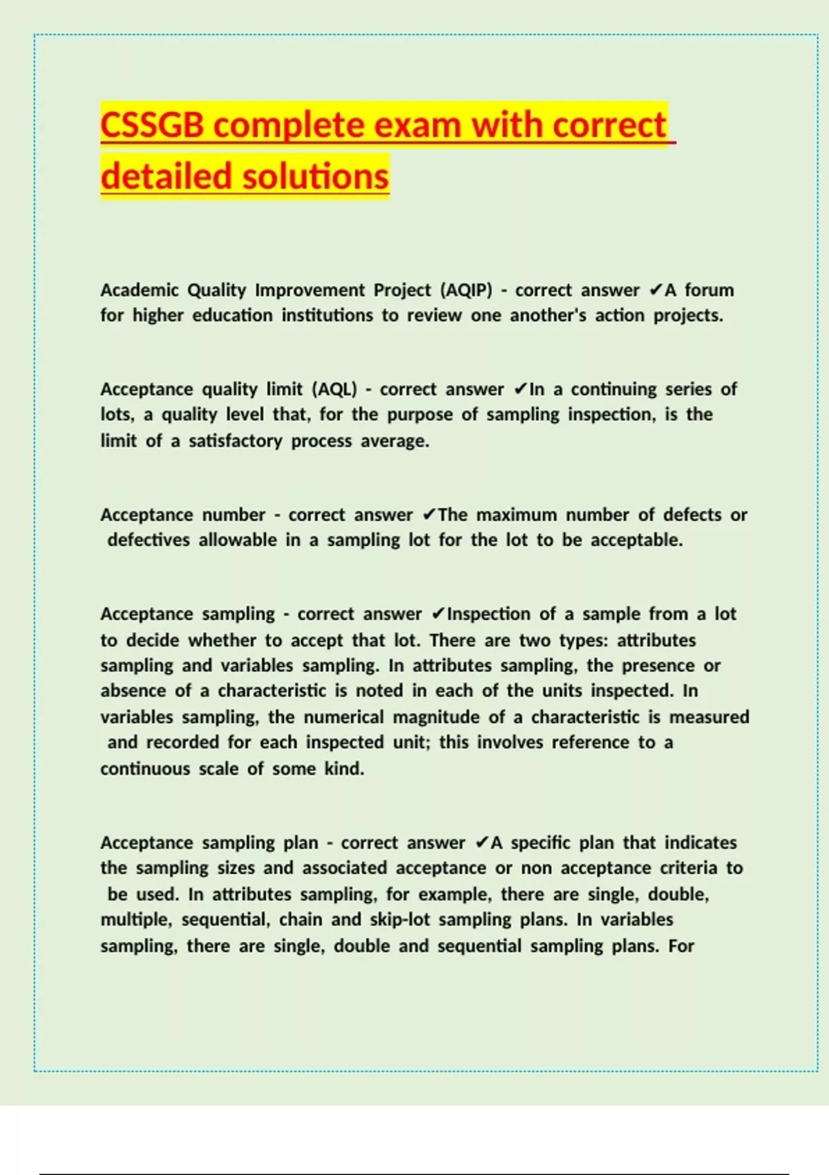 CSSGB complete exam with correct detailed solutions - CSSGB - Stuvia US