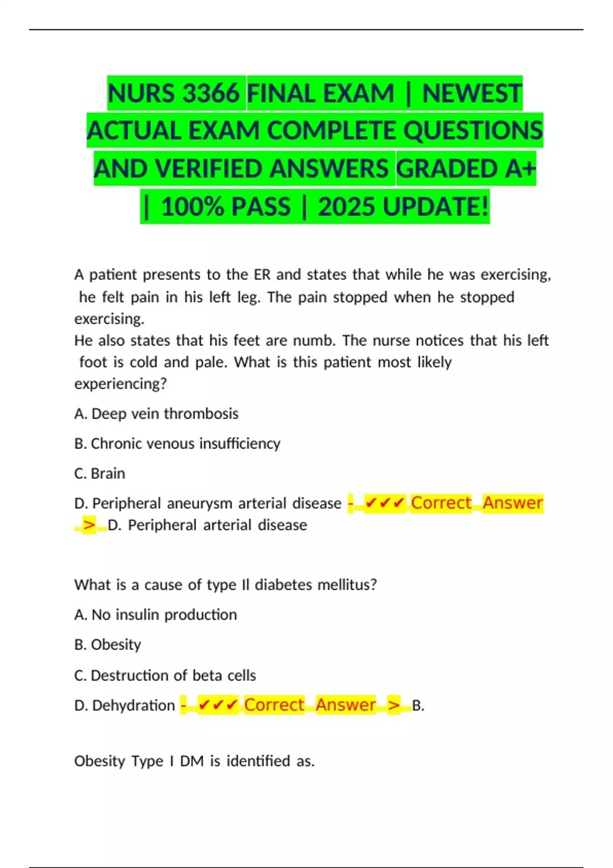 NURS 3366 FINAL EXAM | NEWEST ACTUAL EXAM COMPLETE QUESTIONS AND ...