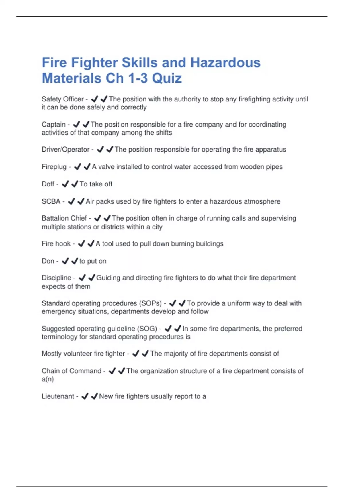 Fire Fighter Skills and Hazardous Materials Ch 1-3 Quiz Questions With ...