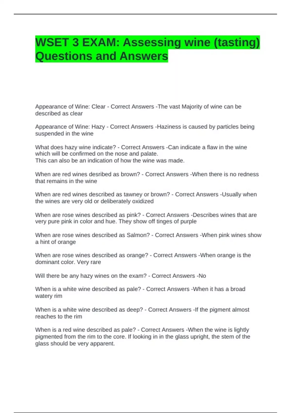 WSET 3 EXAM Assessing wine (tasting) Questions and Answers - WSET level ...