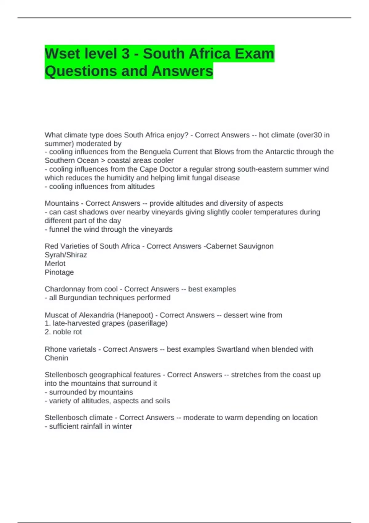 Wset level 3 - South Africa Exam Questions and Answers - WSET LEVEL 3 ...