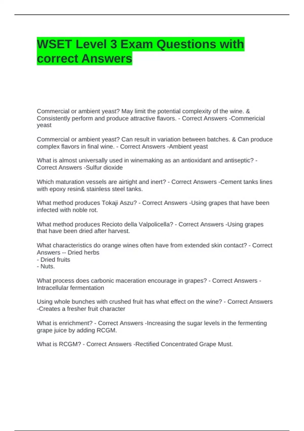 WSET Level 3 Exam Questions with correct Answers - WSET LEVEL 3 - Stuvia US