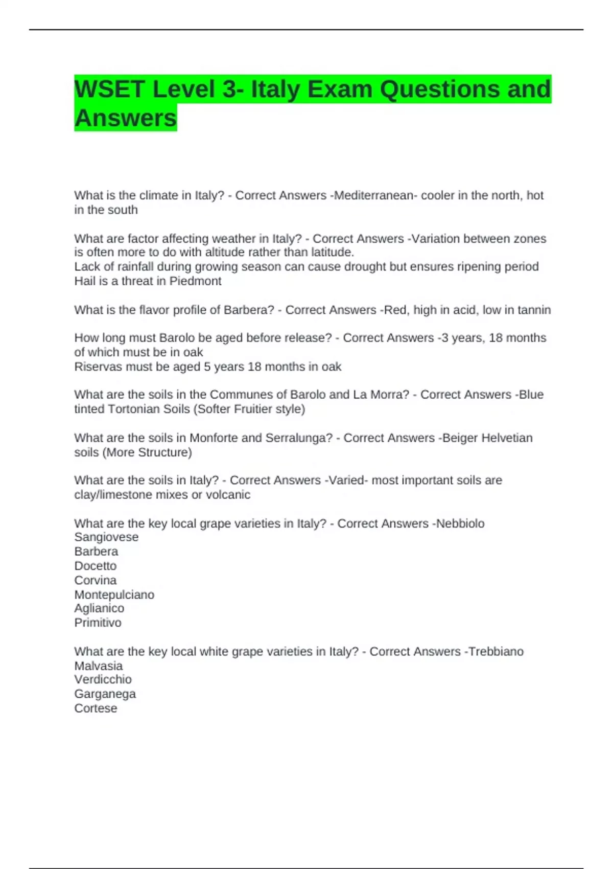 WSET Level 3- Italy Exam Questions and Answers - WSET Level 3 - Stuvia US