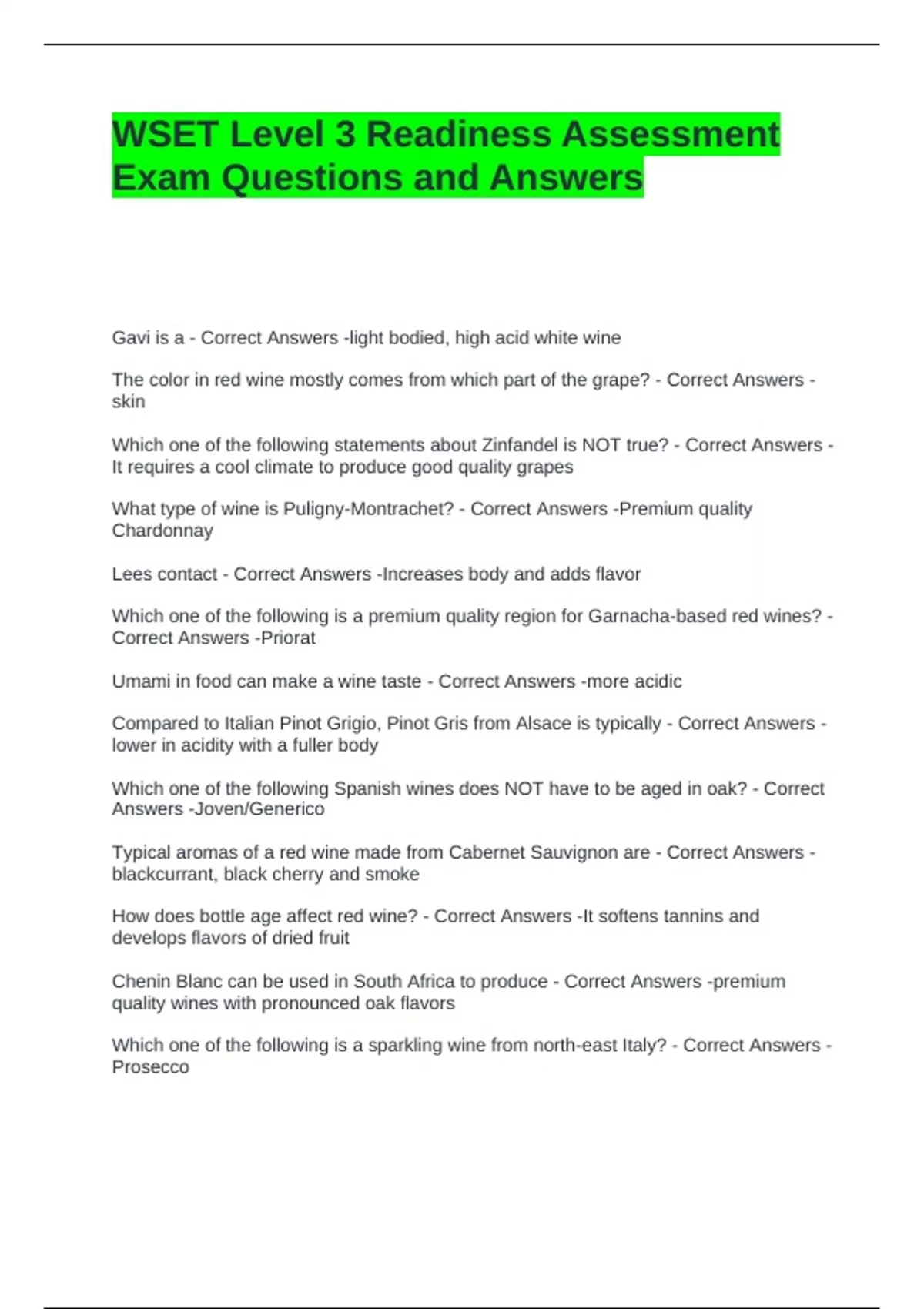 WSET Level 3 Readiness Assessment Exam Questions and Answers - WSET ...