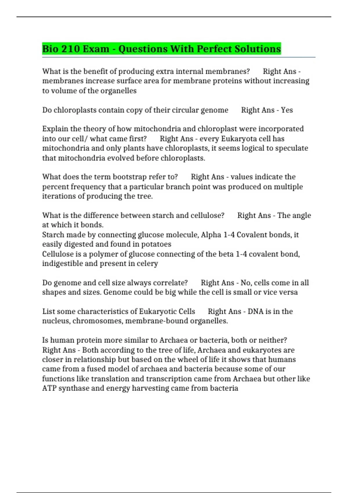 Bio 210 Exam - Questions With Perfect Solutions - BIO 210 - Stuvia US